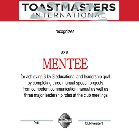 Seoul Toastmasters Club's Mentee Award Certificates | PPTX