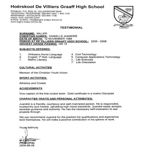 Testimonial I received at Matriculation in 2008 | PDF