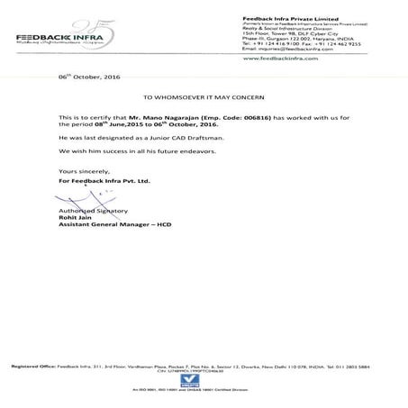 Relieving & Experience Letter - Mano Nagarajan | PDF