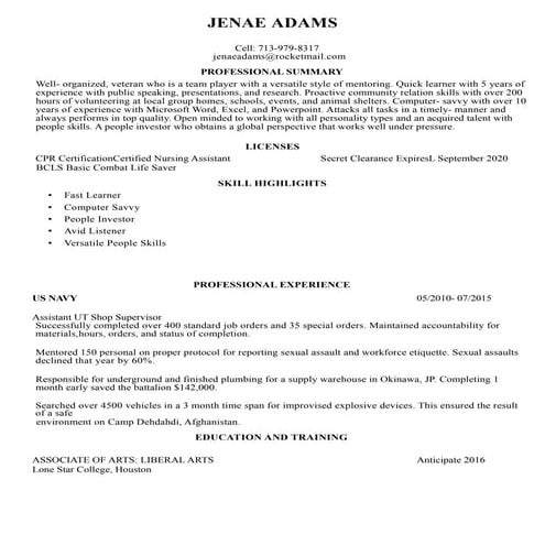 Jenae Adams Resume | ODT | Education