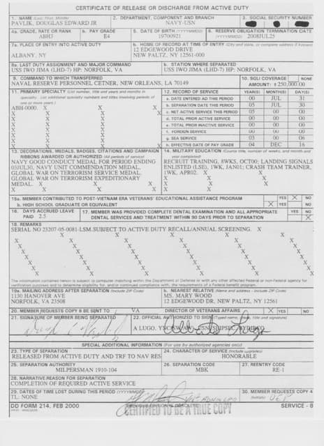 DD-214 (Redacted) | PDF