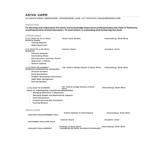 Akiva Carr - Resume | DOCX | Judaism | Religion & Spirituality