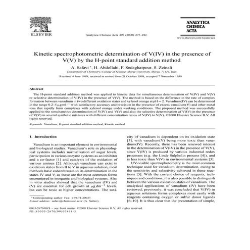 Kinetic Spectrophotometric Determination Of V Iv In The Presence Of V V By H Point Standard