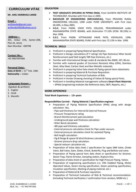 RESUME-Piping Design Engineer - 13+Years Exp | PDF
