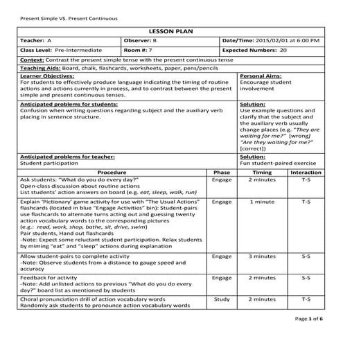 D.G. - Present Simple VS. Present Continuous Lesson Plan | PDF