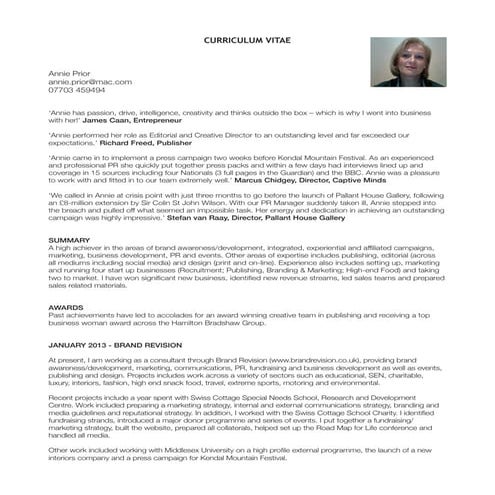 Annie Prior CV:2016–Marketing:PR:Design LR | PDF