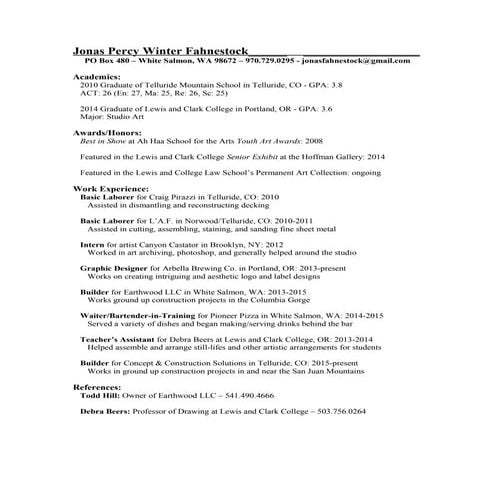 Jonas Fahnestock Resume 2015 | DOC