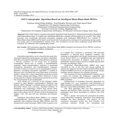Aes Cryptography Algorithm Based On Intelligent Blum Blum Shub Prn Gs Pdf 2611