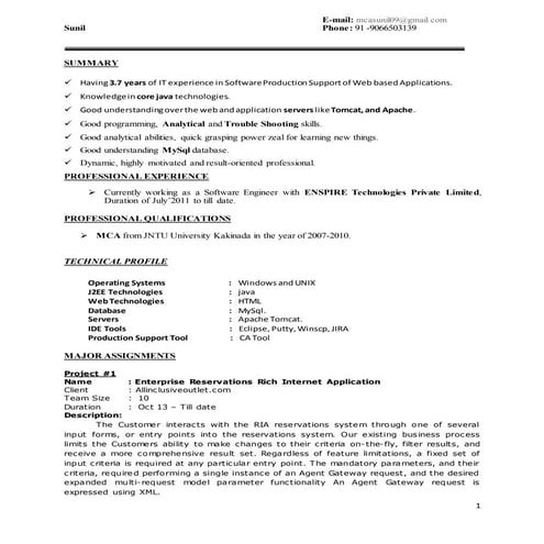 Sunil A 3+ years Resume | DOCX | IT and Internet Support | Internet