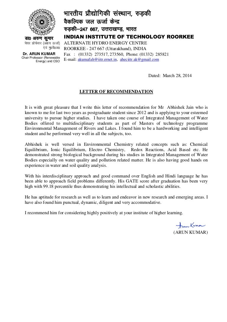 Recommendation By Prof. Arun Kumar IIT Roorkee
