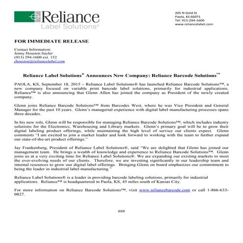 Reliance Barcode Solutions Press Release 9-21-15 | PDF | Business ...