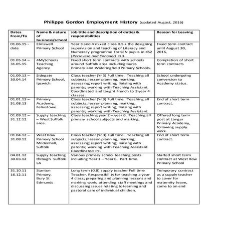 Employment History updated August 2016 | DOCX