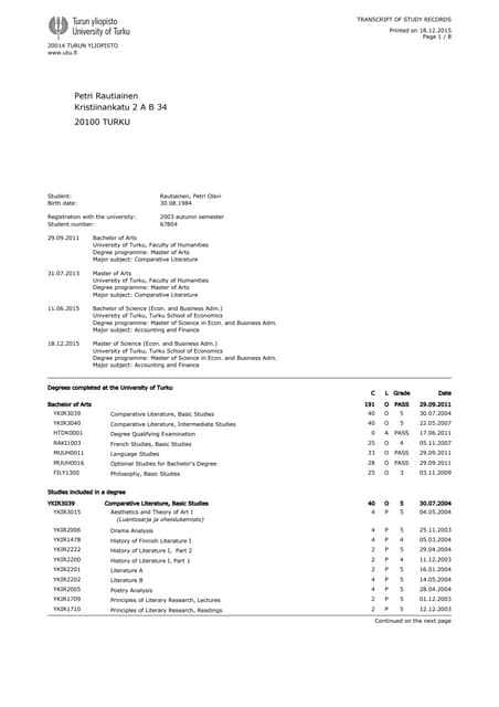 Transcript Of Grades | PDF