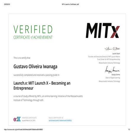 MITx Launch - Certificate Gustavo Oliveira Iwanaga | PDF | Education