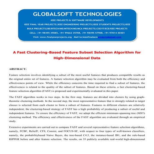 A Fast Clustering Based Feature Subset Selection Algorithm For High Dimensional Data Pdf 