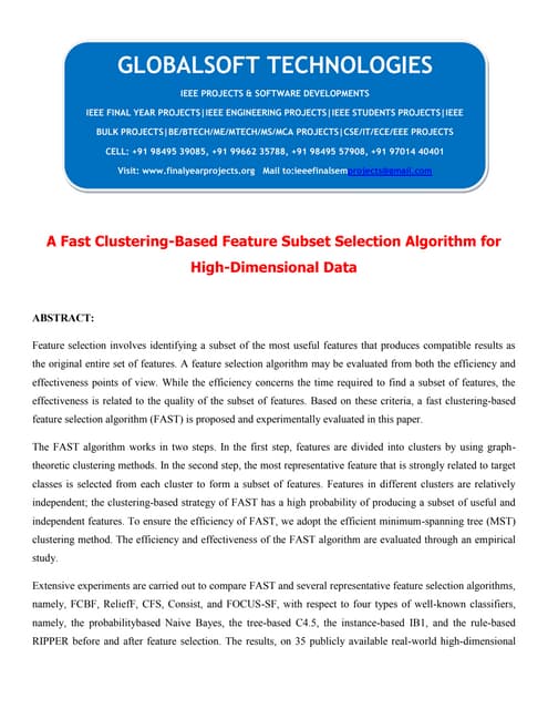 A Fast Clustering Based Feature Subset Selection Algorithm For High Dimensional Data Pdf