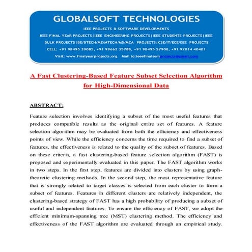 2014 Ieee Java Data Mining Project A Fast Clustering Based Feature