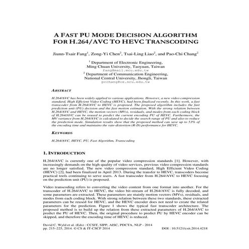 A Fast Pu Mode Decision Algorithm For H 264 Avc To Hevc Transcoding