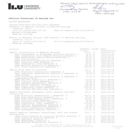Verified transcript from LADOK (Linköping University) | PDF