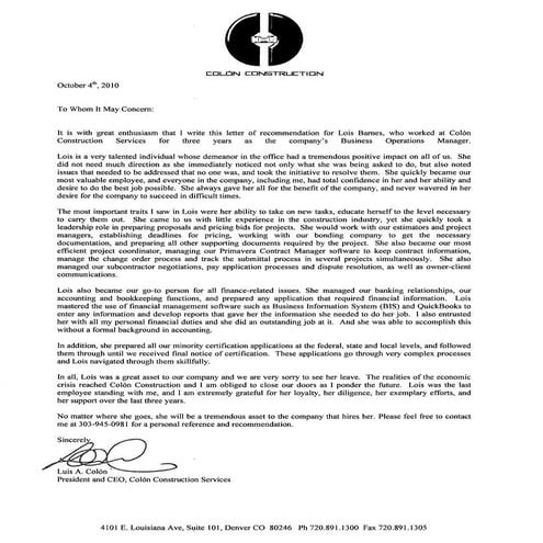 Letter of Recommendation from Luis Colon President CEO | PDF