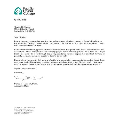 Chung%2c ElexiseDean%27s List Letter - Winter | PDF | Graduation ...