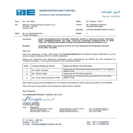 DEWA Approval of CVs for Fire Detection & Protection System | PDF