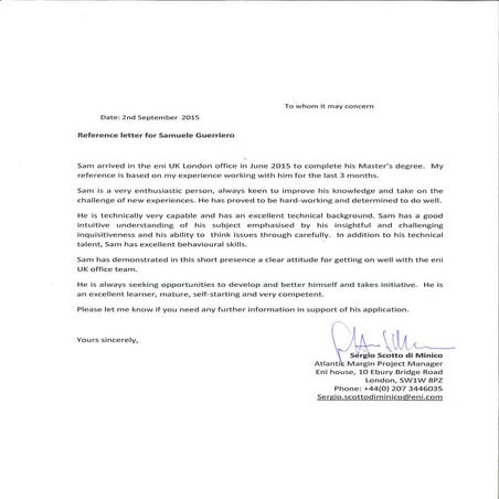 Samuele Guerriero Letter of Reference | PDF