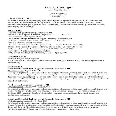 Sara A. Stockinger Resume | DOC