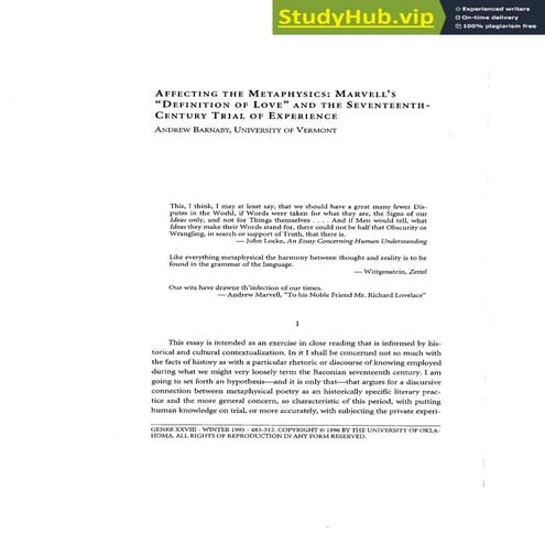Affecting The Metaphysics Marvell S Quot Definition Of Love Quot And ...