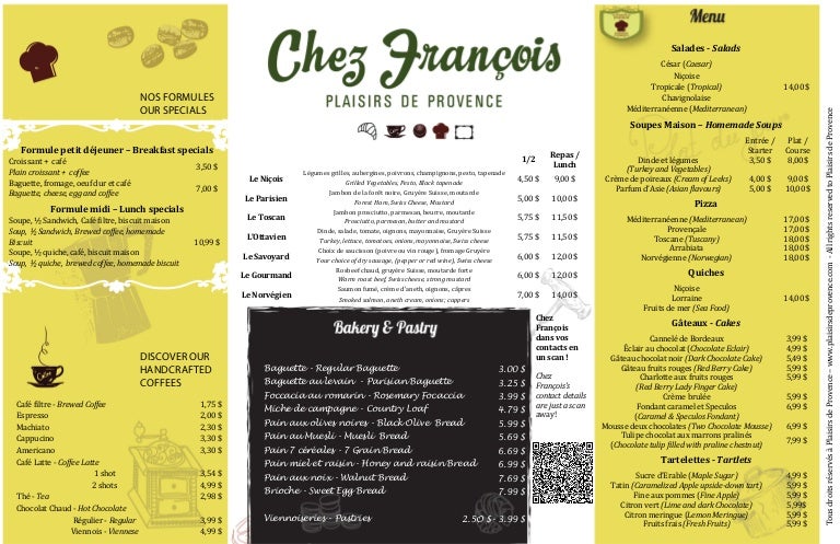 Menu Chez François - Plaisirs de Provence