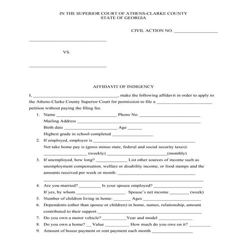 Affidavit of indigency with sample paupers affidavit clarke county | PDF