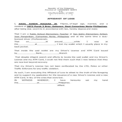Affidavit of loss drivers license atm card etc due to loss of wallet | DOCX