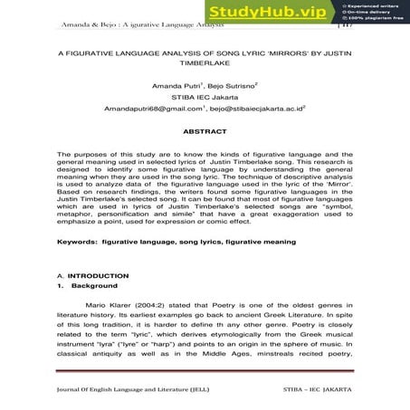 A Figurative Language Analysis Of Song Lyric Mirrors By Justin ...