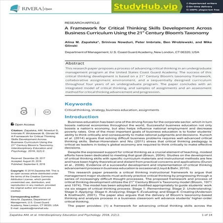 A Framework For Critical Thinking Skills Development Across Business ...