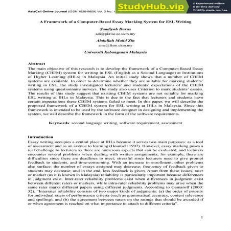 A Framework Of A Computer-Based Essay Marking System For ESL Writing. | PDF