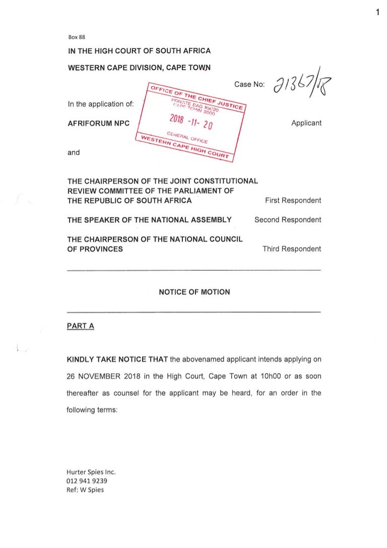 Afriforum court papers challenging parliament