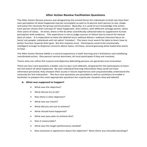 After Action Review Facilitation Questions | PDF