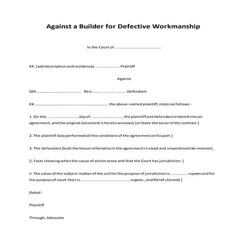 Against a Builder for Defective Workmanship.docx | Law