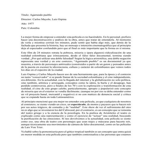 Agarrando pueblo. Carlos Mayolo y Luis Ospina (1977 - Colombia) | DOCX