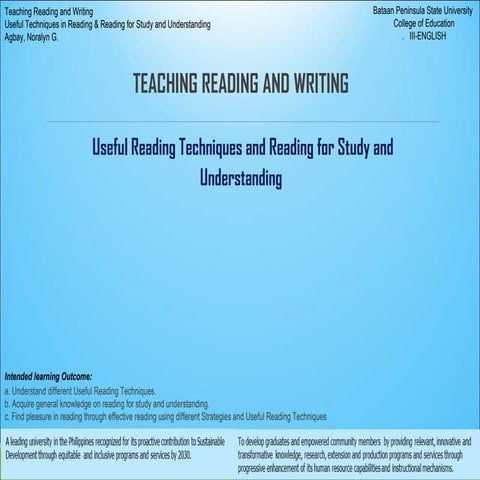 Useful Reading Techniques and Reading for Study and Understanding | PPT