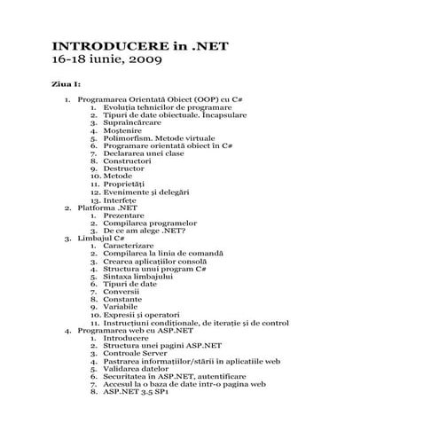 Agenda - Introducere in .NET