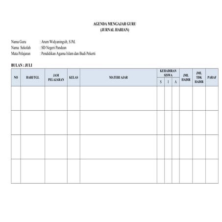 AGENDA MENGAJAR GURU mata pelajaran pedndidikan agam isalam dan budi pekerti | DOCX