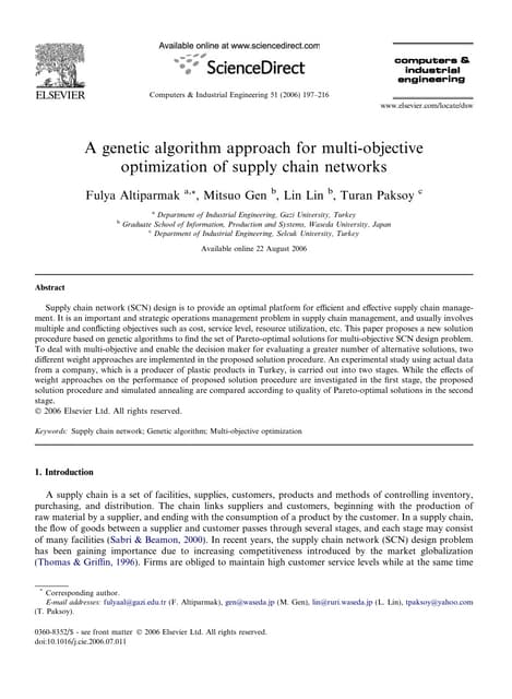 A Genetic Algorithm Approach For Multi Objective Optimization Of Supply Chain Networks Pdf