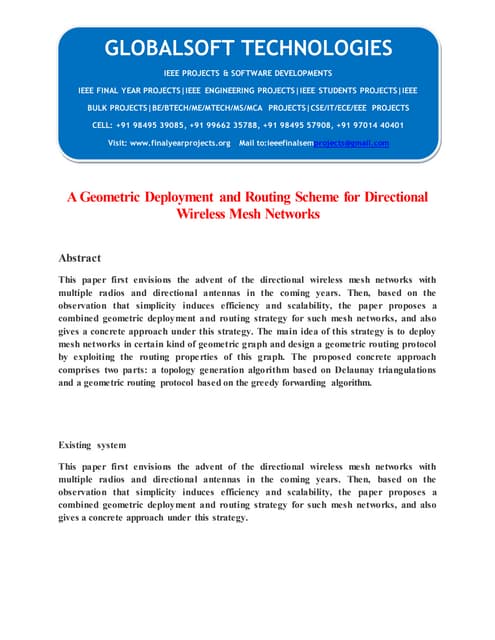 Ieee 2014 Java Networking Projects A Geometric Deployment And Routing