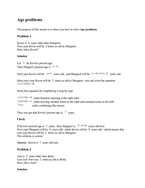 Algebra "Age Problem" | PPT | Games and Puzzles | Hobbies & Interests