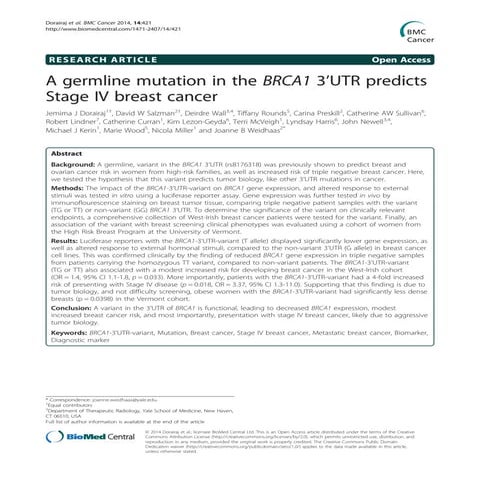 A germline mutation in the brca1 3'utr predicts stage iv breast cancer | PDF