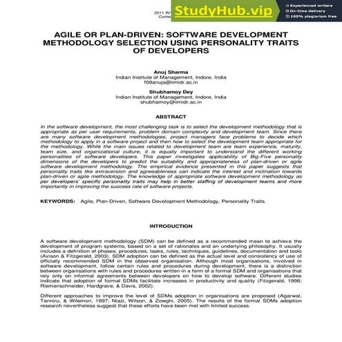 AGILE OR PLAN-DRIVEN SOFTWARE DEVELOPMENT METHODOLOGY SELECTION USING PERSONALITY TRAITS OF ...