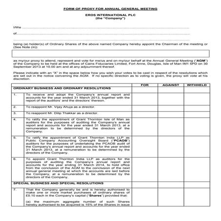 Eros Int'l Form of Proxy for AGM 2013 | PDF