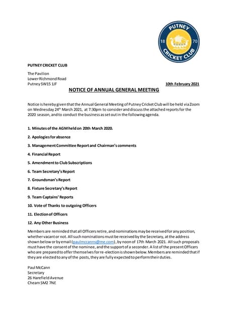 Notice of 2025 Putney CC Annual General Meeting | PDF