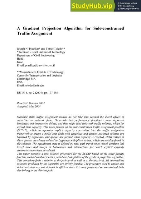 A Gradient Projection Algorithm For Side Constrained Traffic Assignment Pdf
